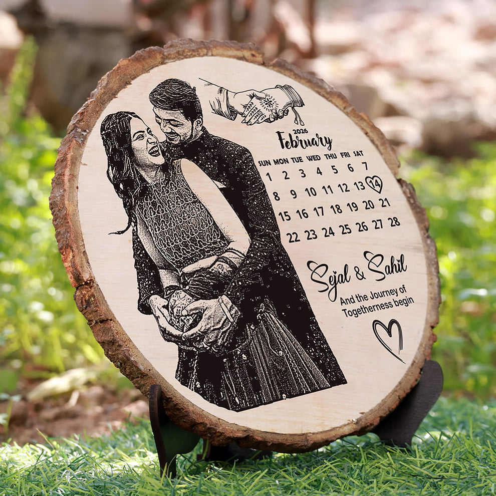 Natural Wooden Engraved Plaque with bark | Save the Date – Mishti Gifts